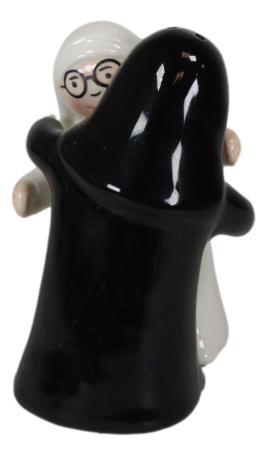 Ebros Gift Black And White Dressed Nuns Dancing Salt And Pepper Shakers Ceramic Figurine Set 3.5"H Hugging Nun Religious Inspirational Funny Themed Accents