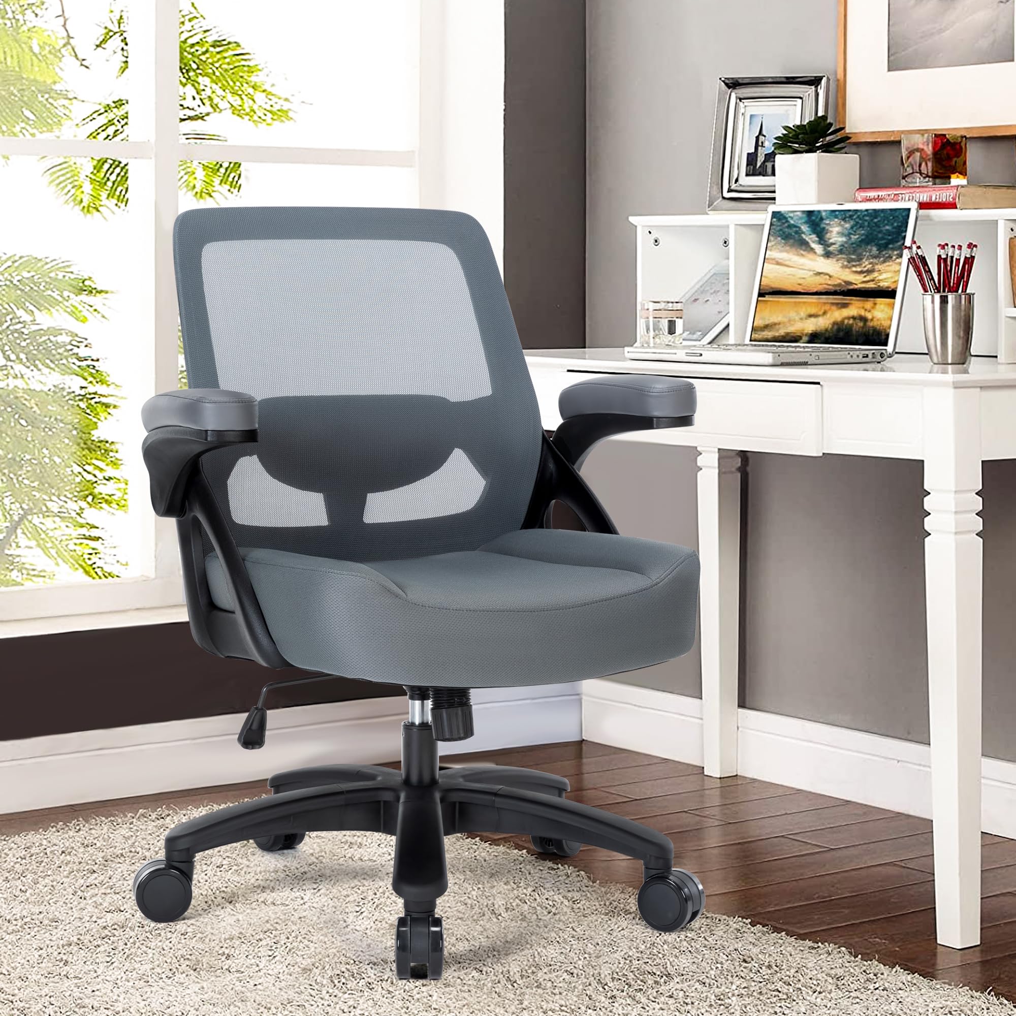 Big and Tall Office Chair 400lb- Mesh Ergonomic Heavy Duty Desk Chair- Flip Arms, Plus Size Wide Seat Executive Computer Chair for Large People- Home Office Swivel Rolling Task Chairs