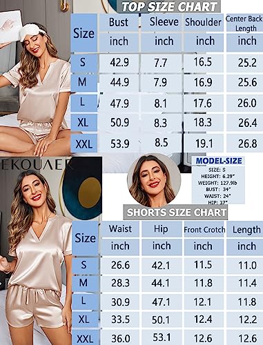 Ekouaer Womens Silk Satin Pajamas Set Short Sleeve Top Soft Two Piece Pjs Silky Sleepwear Nightwear Champagne