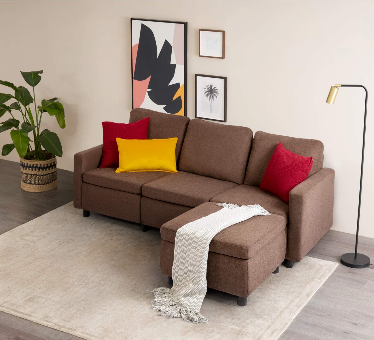 Flamaker Convertible Sectional Sofa L-Shaped Couch 3-seat Modern Fabric Reversible Sofa Couch for Living Room (Brown)