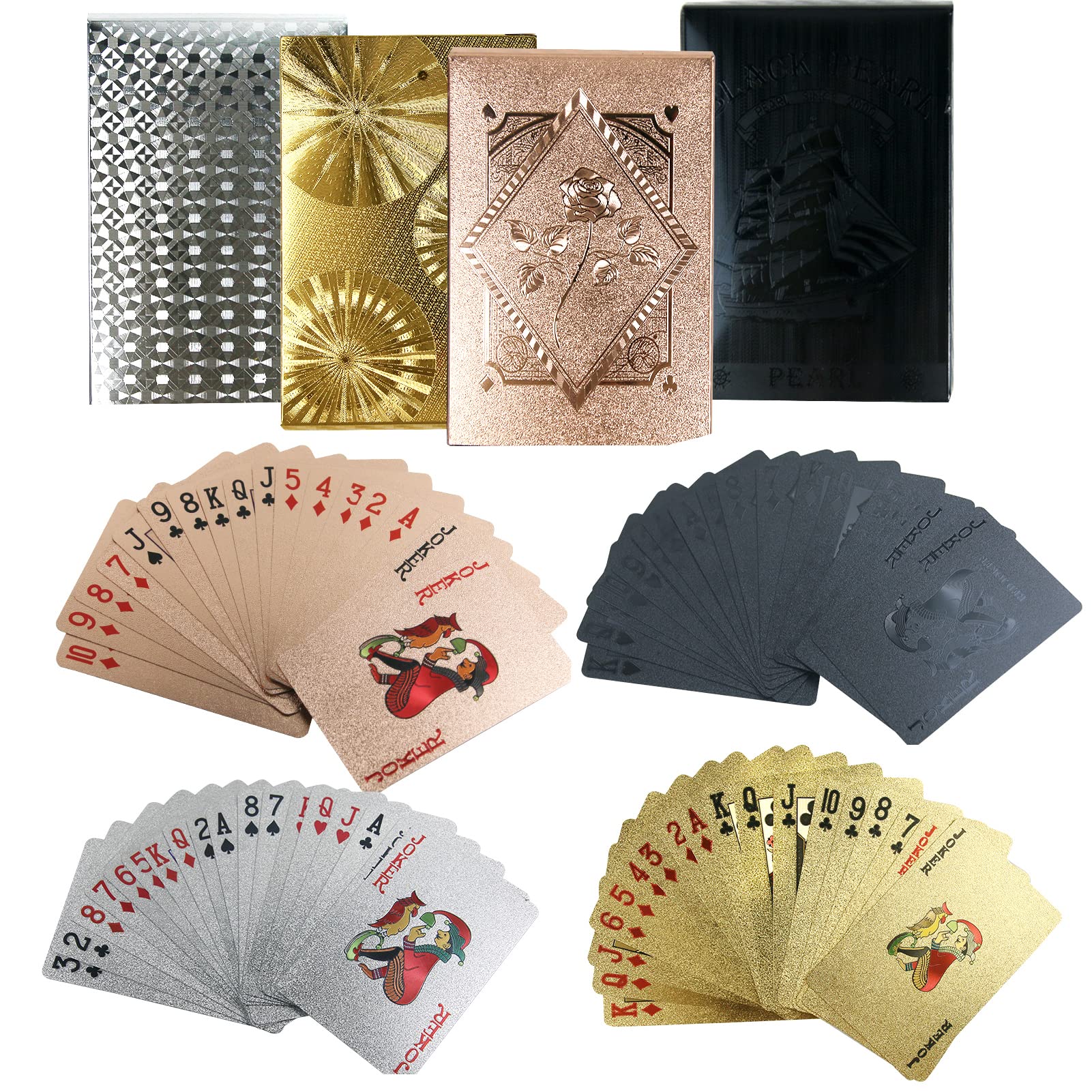 FMOACEN 4 Decks Waterproof Playing Cards Plastic Black Rose Gold Playing Card Foil Poker Cards Themed Standard Playing Card Games for Adults Family Game Party