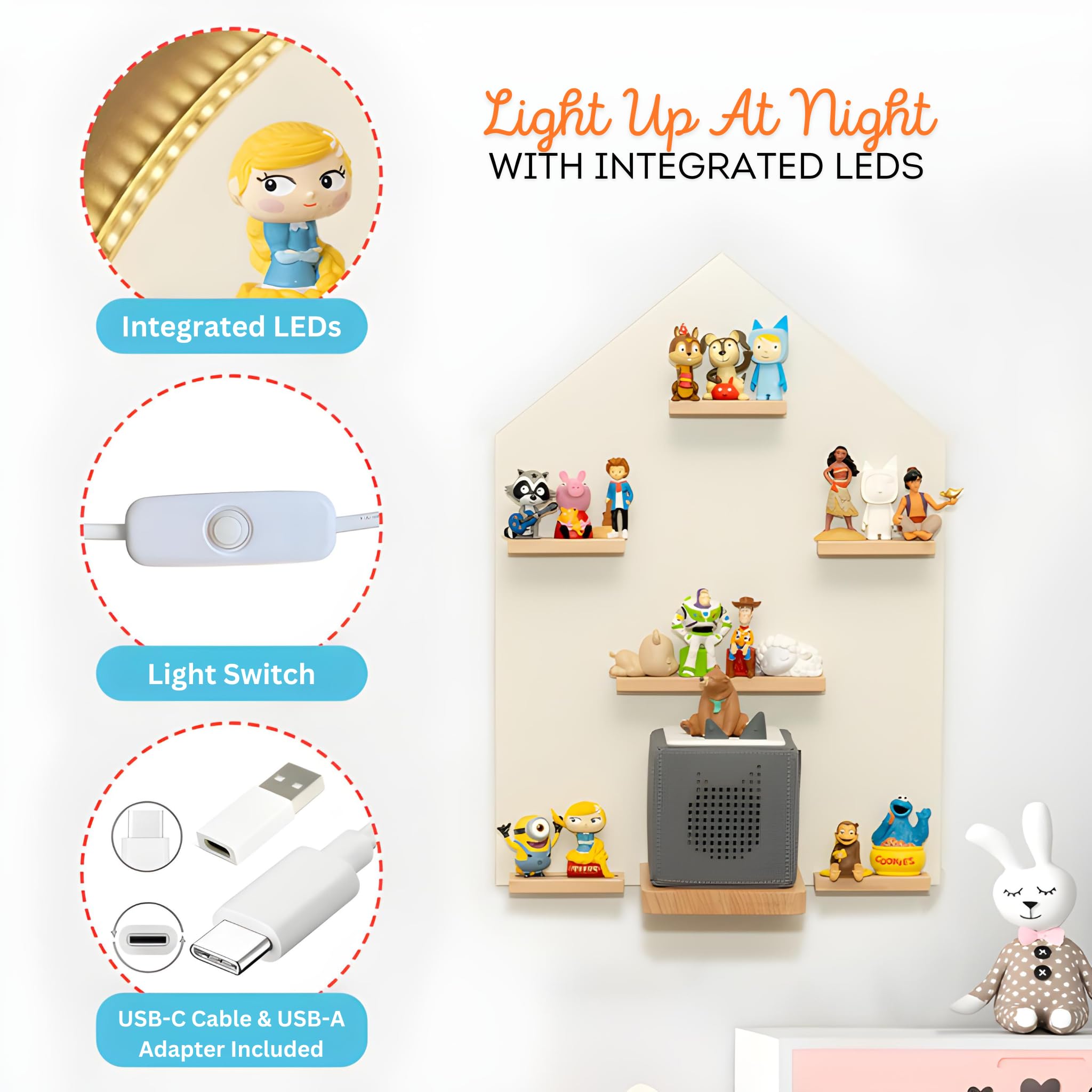 BigStep Large LED Magnetic Shelf Compatible with Toniebox, Tonies Figures, Tonies Characters and Other Tonies Accessories - Use as Wall Shelf or Free Standing - Integrated Warm-White LED Strip