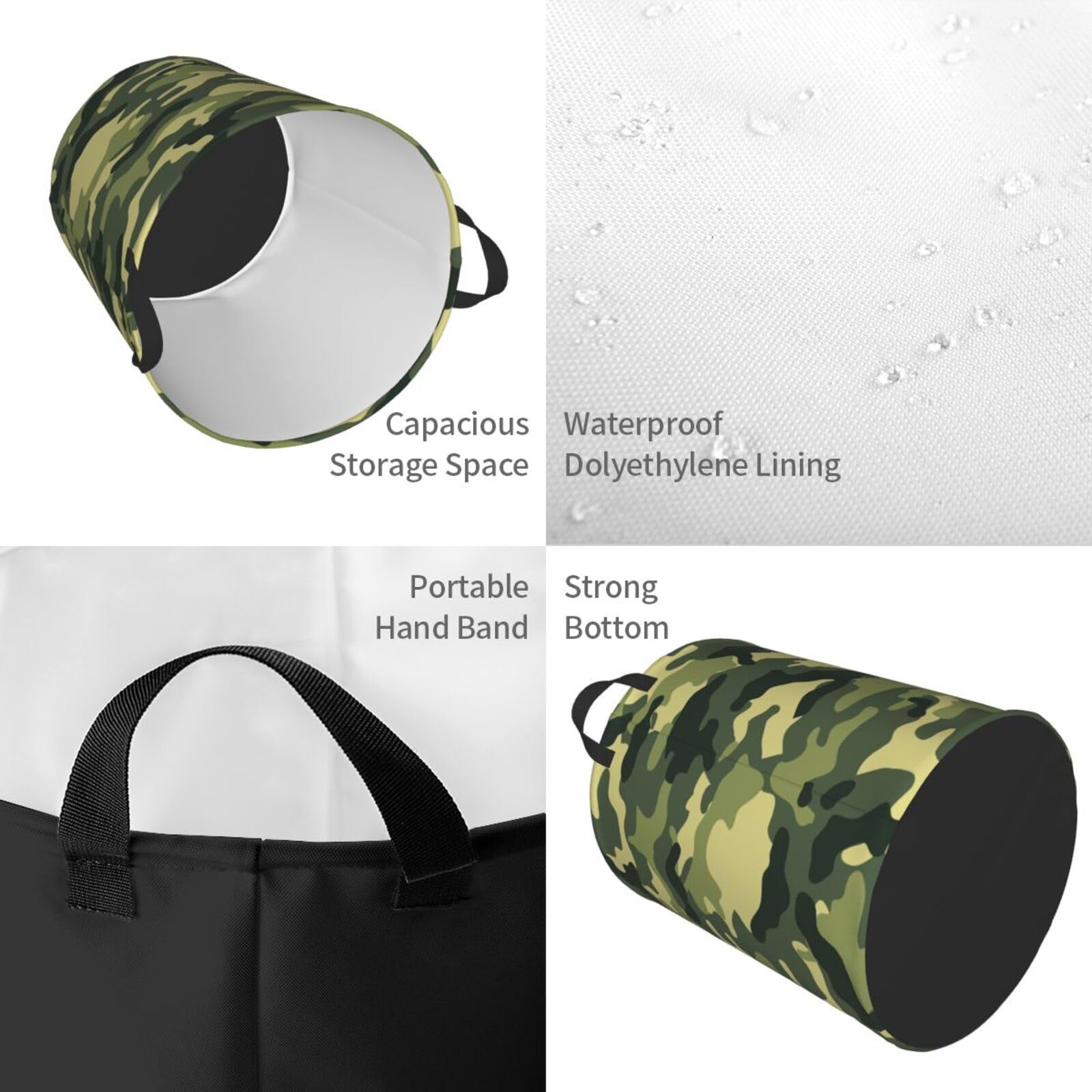 Gbuzozie Camouflage Print Round Laundry Hamper Green Camo Storage Basket Toys Clothes Organizer Bin For Home Bathroom Bedroom Dorm Nursery, 38l