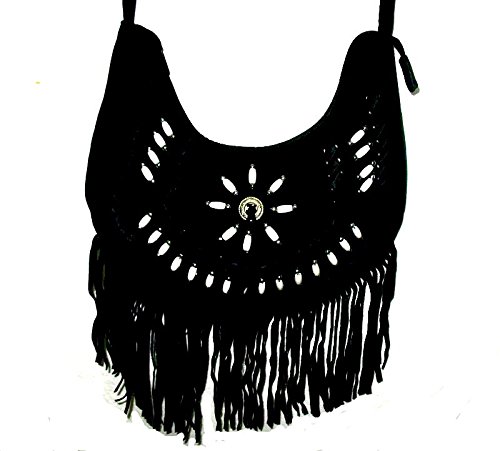 Fringe Suede Leather Purse Bag Shoulder Cross Body Straps Southwest Hair Pipes Cabachon