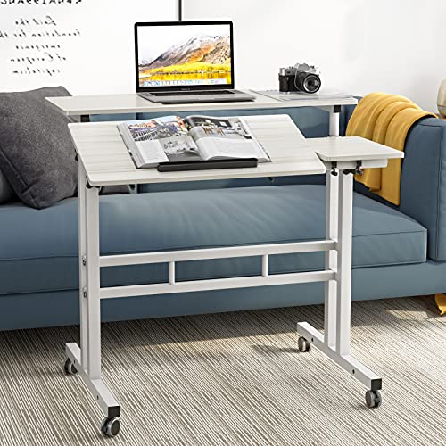 DlandHome Adjustable Rolling Desk Standing Desk, Sit-Stand Desk Cart Mobile Computer Desk Stand Up Desk Office Desk Riser Standing Table Workstation Mobile Desk, Maple