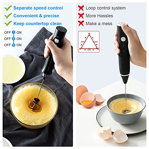 Milk Frother Handheld, Rechargable Coffee Foam Maker with Stand & 2 Whisks, Wanderland 3 Speeds Electric Coffee Mixer for Coffee, Lattes, Cappuccino, Matcha, Hot Chocolate (Black)