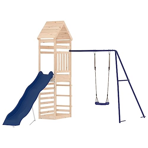 Loibinfen Outdoor Playset Solid Wood Pine, Garden Play Set with 1 Play Tower,1 Wave Slide,1 Single Swing Set, Modern Outdoor Backyard Children's Climbing Wood Playground Playset,-4588