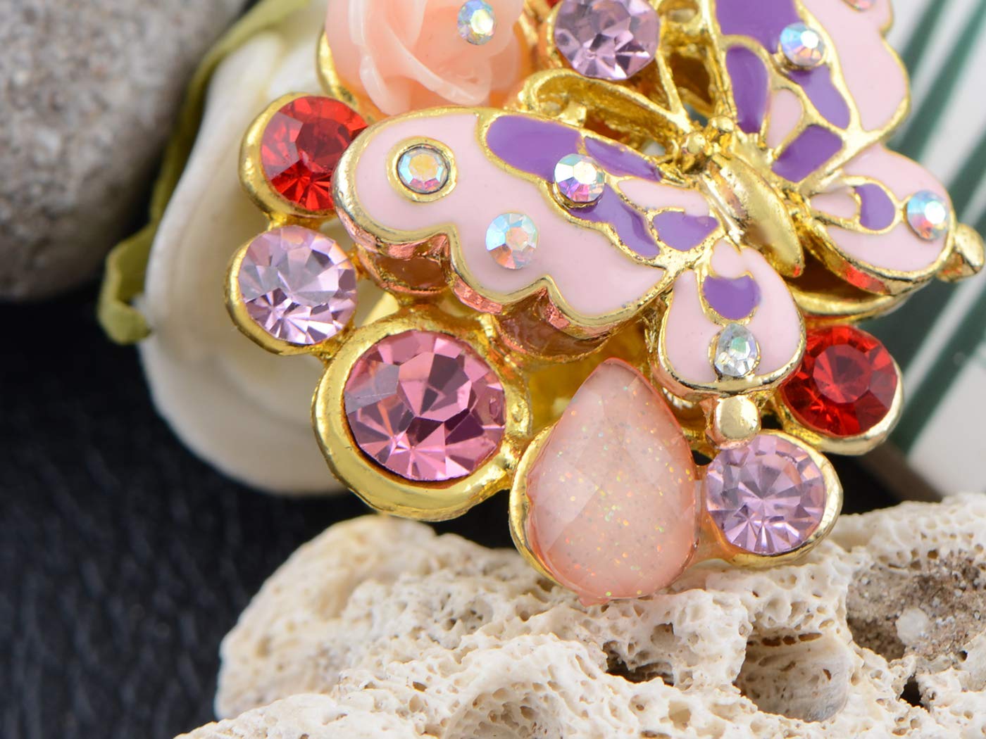 Alilang Golden Tone Shine Pink Crystal Rhinestones Enamel Butterfly Insect Flower Fashion Ring