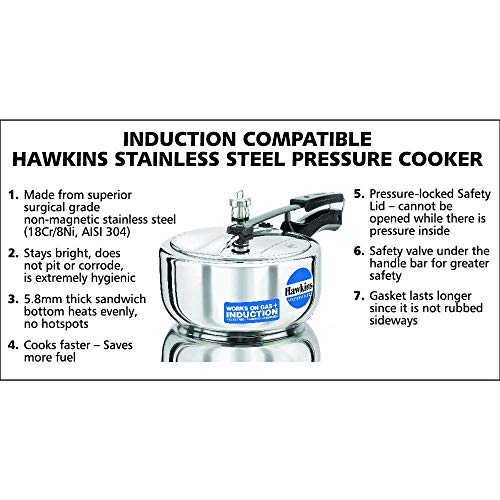 HAWKINS Hawkins Stainless Steel Induction Compatible Pressure Cooker,3 Litre,Silver (HSS3W) Wide,Medium