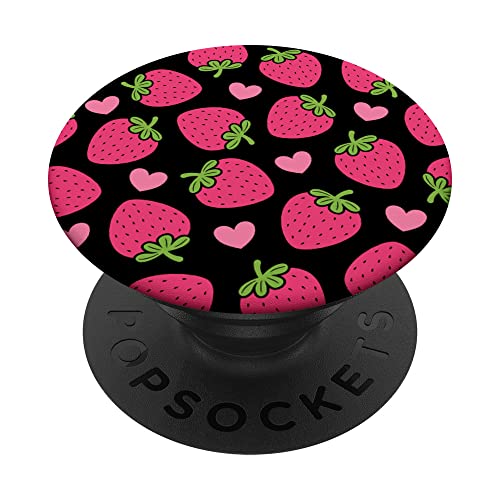Cute Pink Strawberry Heart Pattern Strawberries Black PopSockets Swappable PopGrip