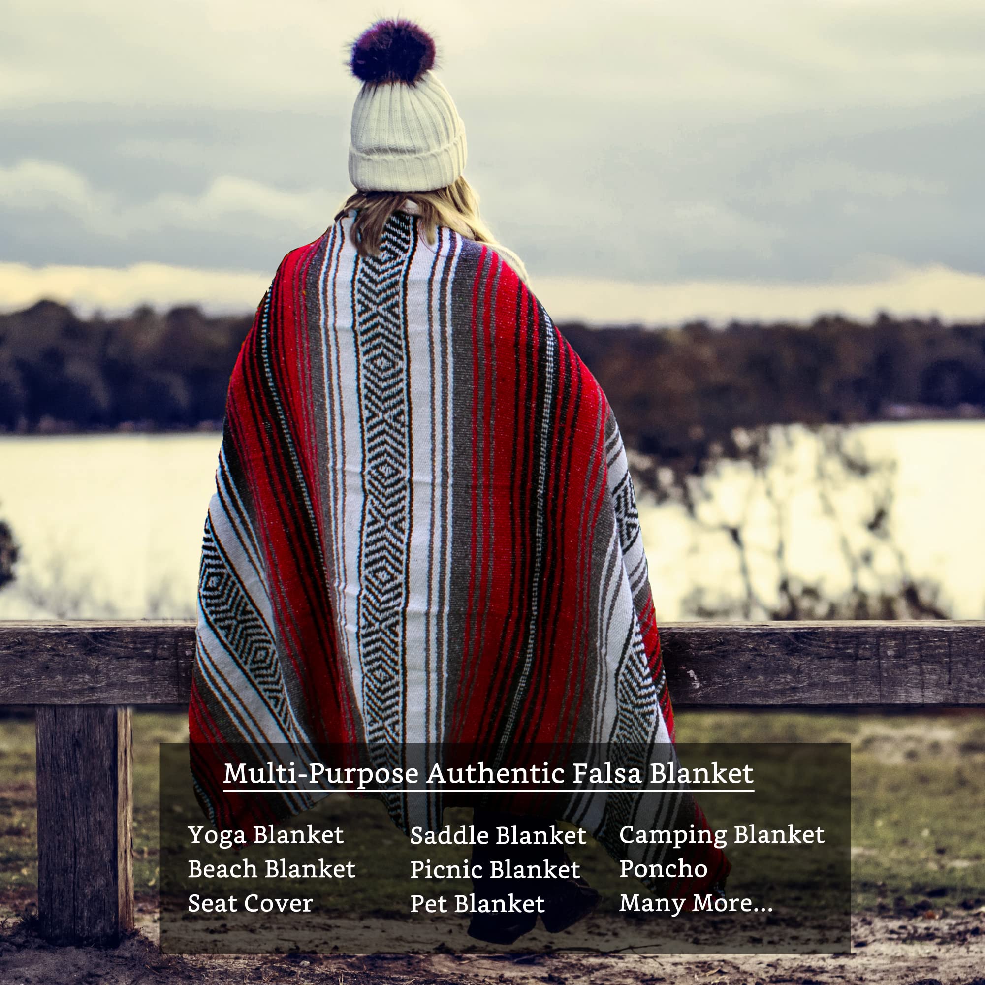 Authentic Mexican Blanket - Hand Woven Falsa Blanket - Mexican Yoga Blanket - Large Mexican Serape Blanket - Mexican Blankets and Throws - Baja Blanket - Beach, Camping and Outdoor Blankets - RED
