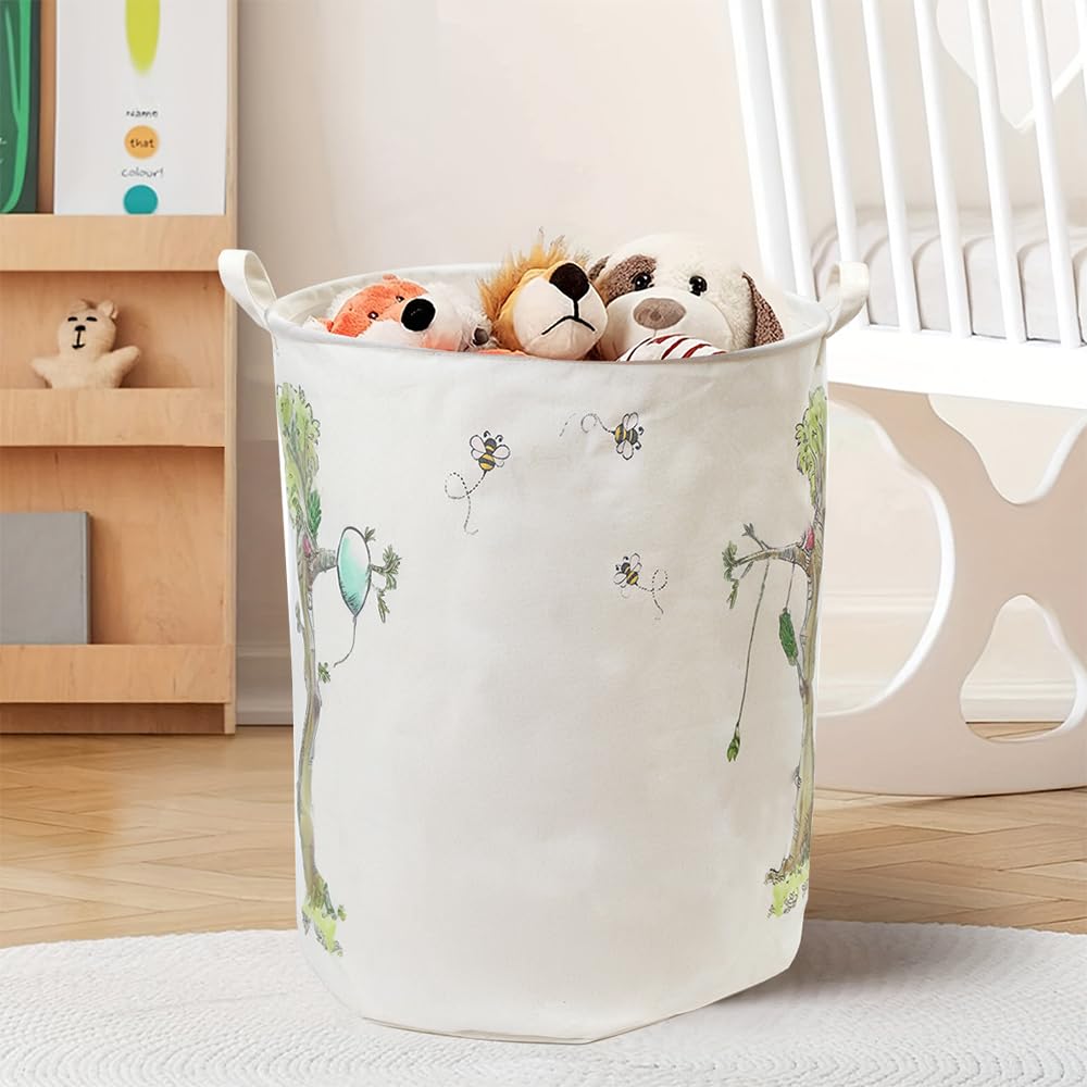 CEMECER Winnie Nursery Storage Basket, Large Barrel Shaped Canvas Laundry Hamper With A Waterproof PE Coating, Foldable, for Kids, Boys and Girls, Bathroom and Bedroom Set, Clothes,Toys Bin.(White)