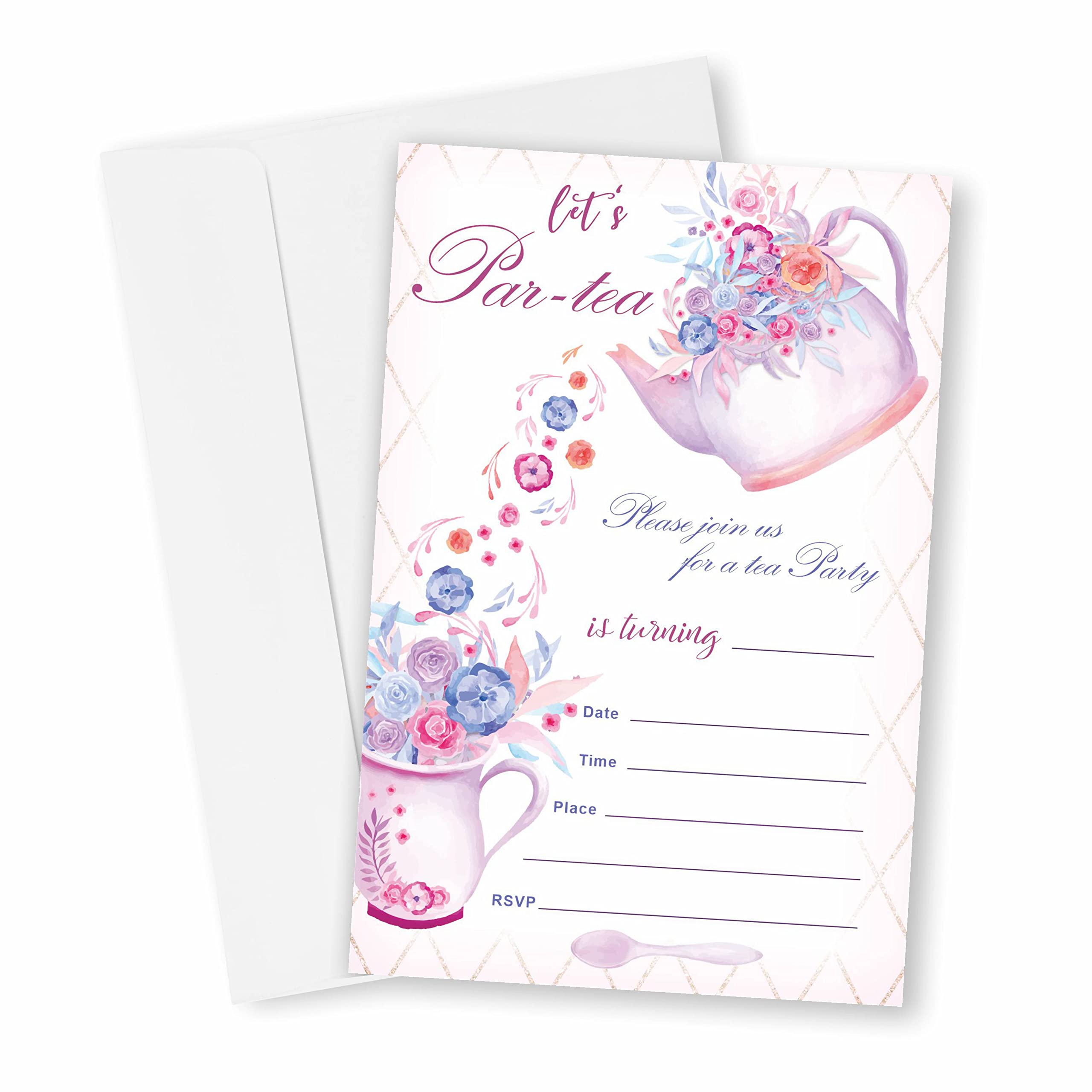 Tea Party Birthday Invitations, Par-tea Birthday Party Invites Decorations, Kids Adults Birthday Party and Events Supplies, 20 Fill-in Invites Cards with Matching Envelopes(YQK-038)