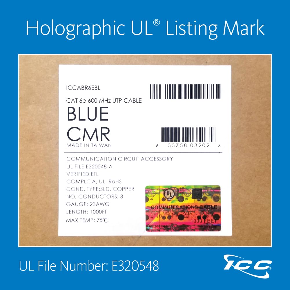 ICC Cat6e CMR Riser 1000ft - UTP 23AWG, 100% Solid Pure Copper, Unshielded, Bulk Ethernet Cable, PoE++, 600MHz, Reelex Pull Box, UL Certified, RoHS, TAA and NEC Compliant, Blue