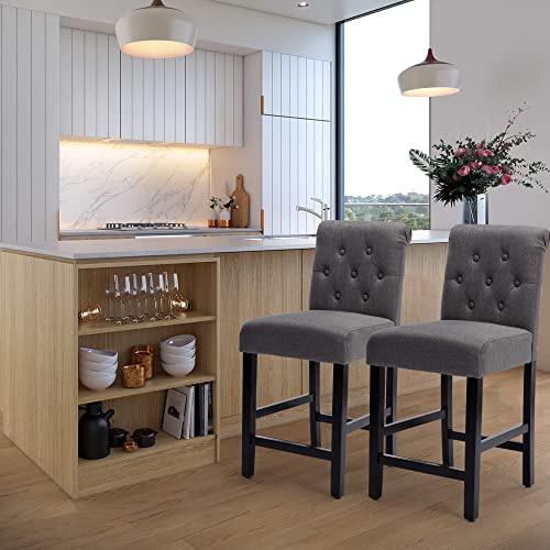 GOTMINSI Bar Stools for Kitchen Island 24 Inches, Set of 4 Fabric Barstools Upholstered Back Counter Height Bar Stools with Button Tufted Decoration Leisure Style Wooden Bar Chairs(Grey)