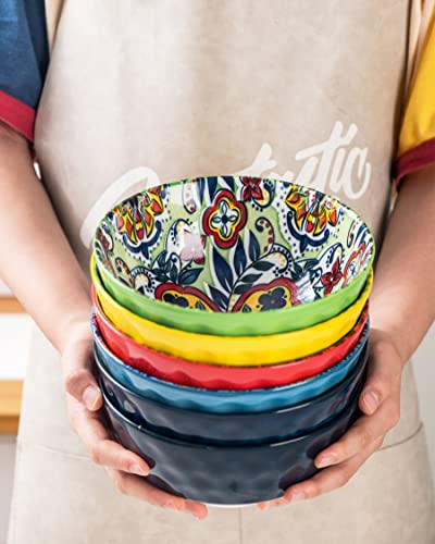 HENXFEN LEAD Ceramic Cereal, Soup Bowls Set of 6-25 Oz Deep Colorful Porcelain Serving Bowls for Dinner, Pasta, Salad, Oatmeal - Bohemian Style