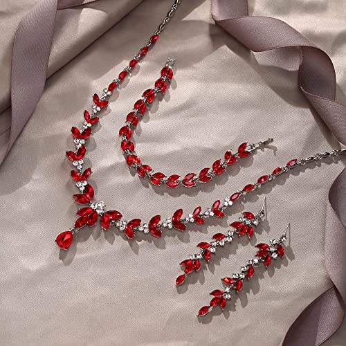 EVER FAITH Austrian Crystal Bridal Bridesmaid Jewelry Sets, Elegant Marquise Rhinestone Leaf Necklace Dangle Earrings Tennis Bracelet Set Red Silver-Tone