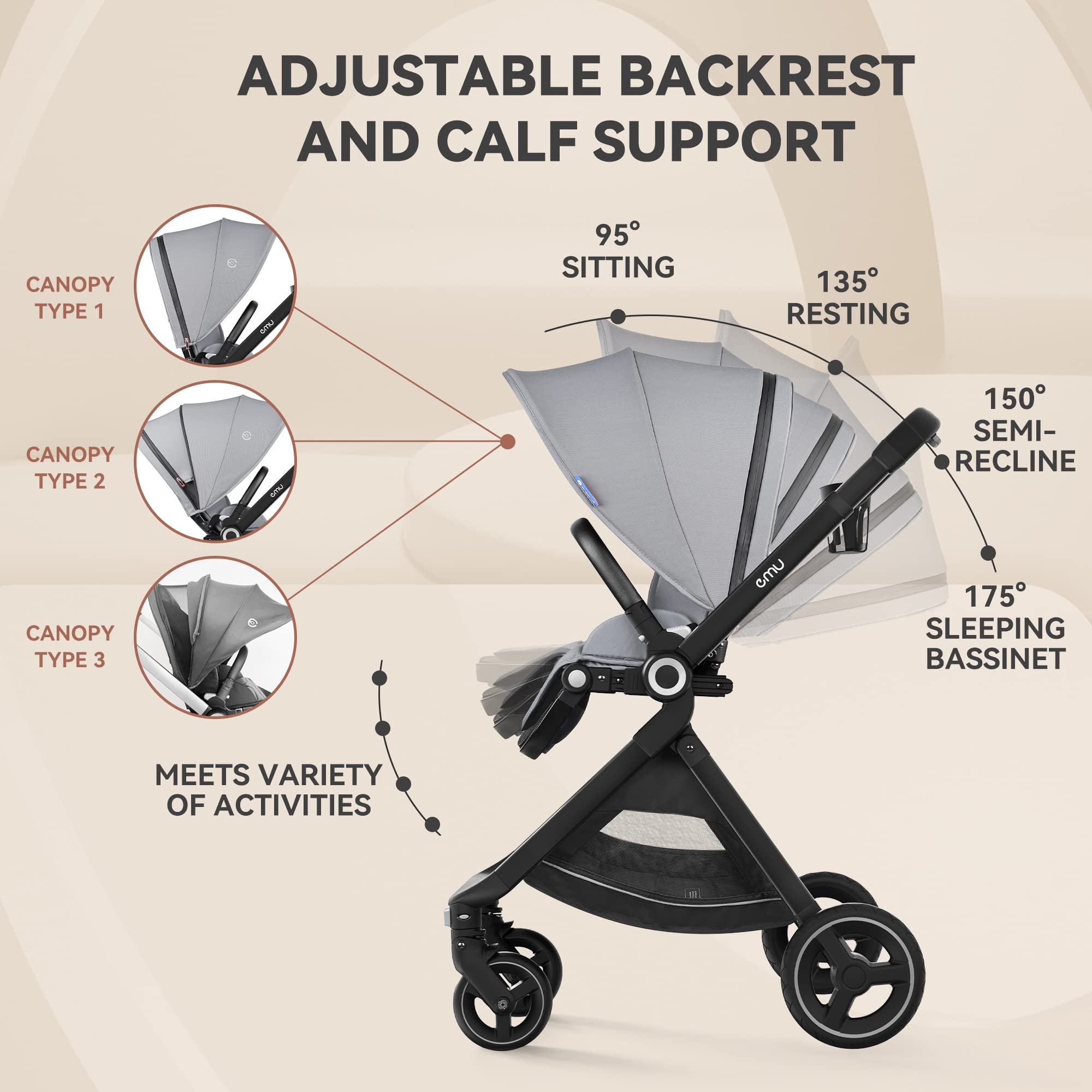 Baby Stroller, ELITTLE EMU Foldable Toddler Stroller with Reversible Seat, 0-36 Months Full-Size Stroller + ELITTLE Baby Car Seat Adapters