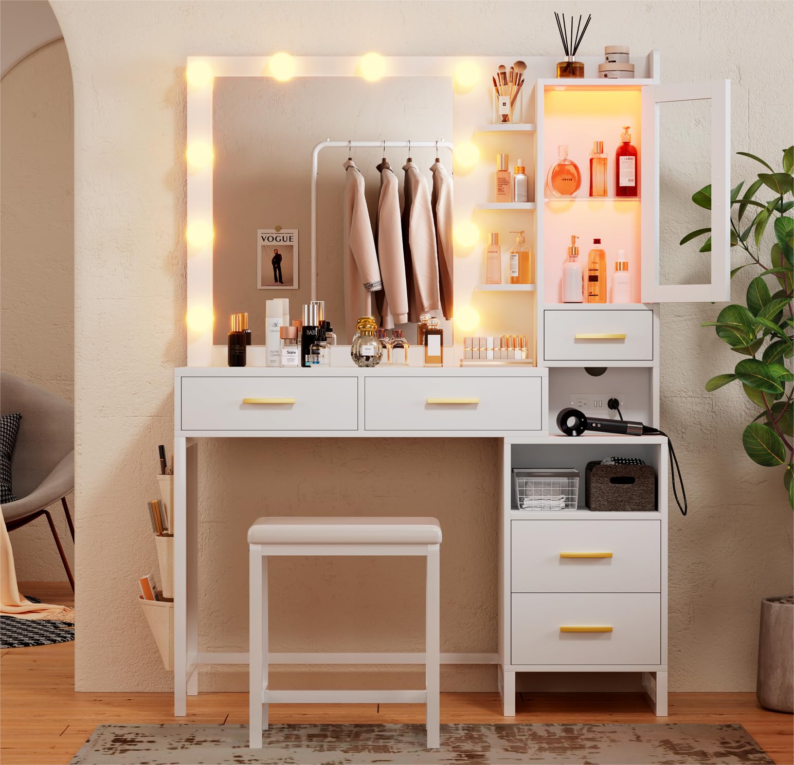 CSZZD Makeup Vanity Desk with Mirror and Lights, White Vanity Desk with Charging Station, LED Cabinet, 5 Drawers & Storage Bag, Vanity Mirror with Lights Desk and Chair, Vanity Table Set with Stool