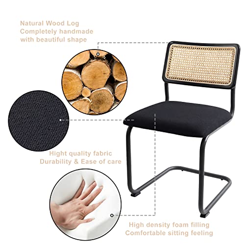 GrandNoor Rattan Dining Chairs,Wooden Mid-Century Modern Kitchen Chairs, Armless Mesh Back Cane Chairs, Upholstered Boucle Chairs with Metal Chrome Legs, Set of 2 (Black, 2PCS-Dining Chairs)