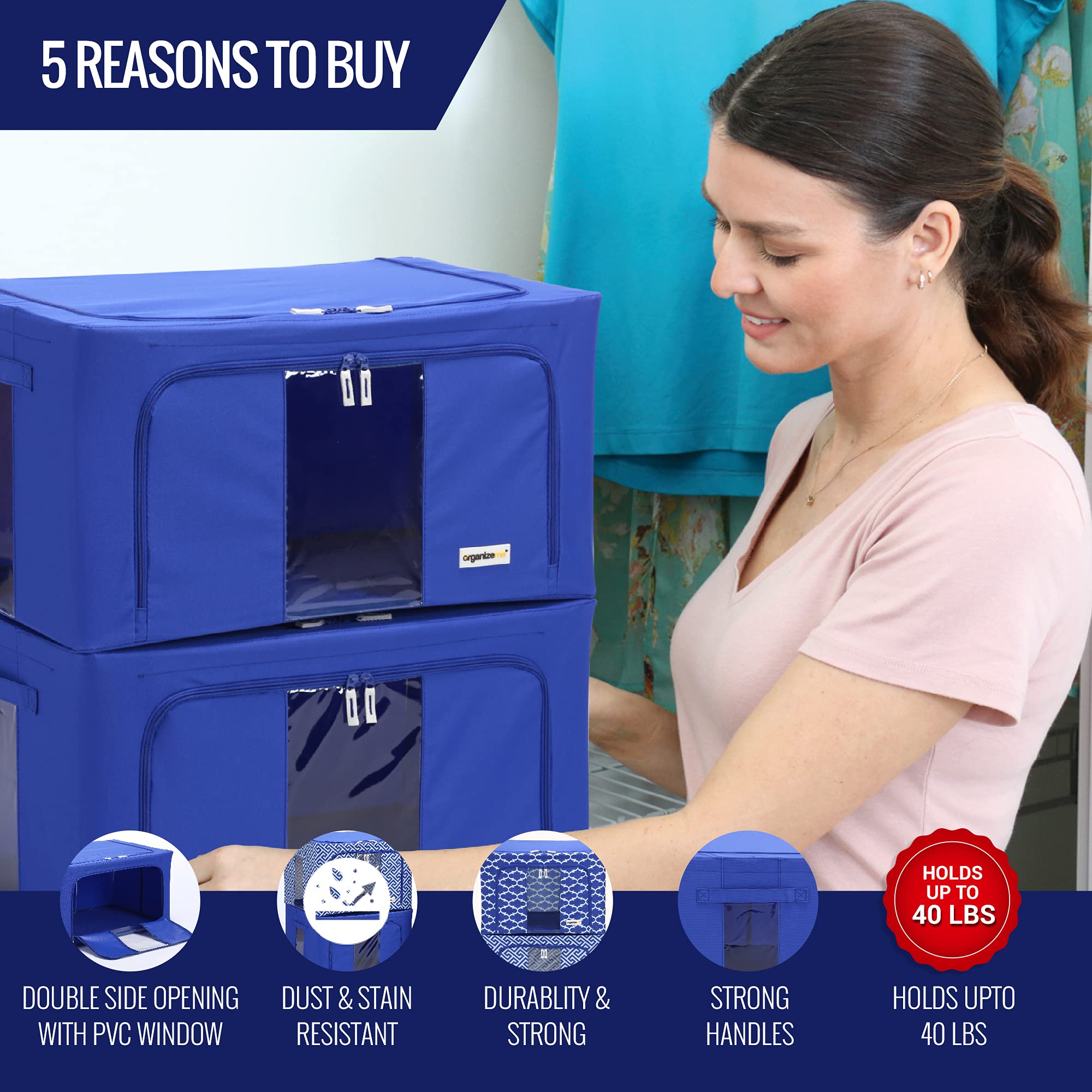 Foldable Clothes Storage Bag Organizer Pop Up Bins Strong Handle Quality Fabric for Collapsible Closet Boxes 4 Pack (Large) (Blue COBALT)