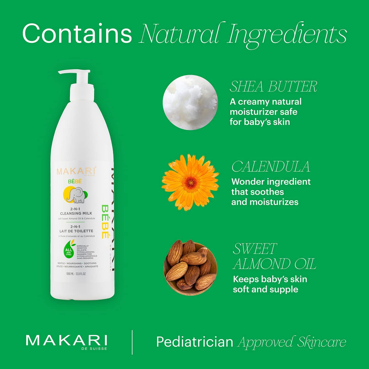 Makari Bebe Cleansing Milk (1000ml) | Baby Body Wash and Dry Skin Softening Solution | Helps Soothe Irritation | Gentle on Infants 3 Months and Older | Recommended for Delicate and Sensitive Skin