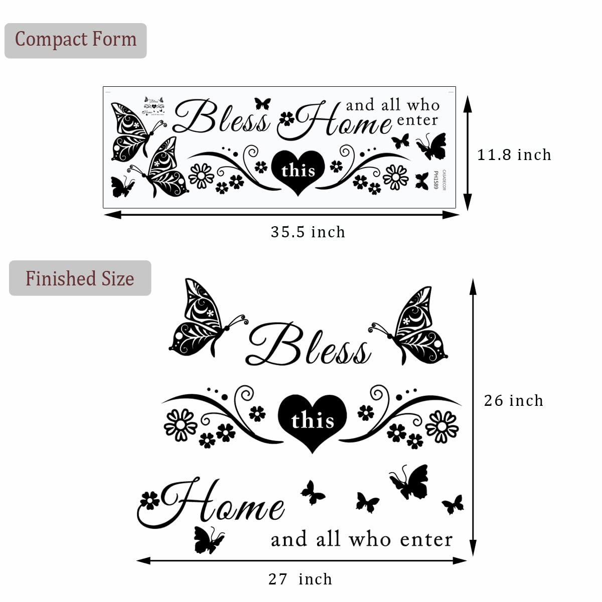 Vinyl Wall Stickers Quotes Wall Art Decal Sticker Bless This Home and All Who Enter Wall Decals Flowers Butterfly Wall Decor Sticker for Entryway Living Room Home Decor.