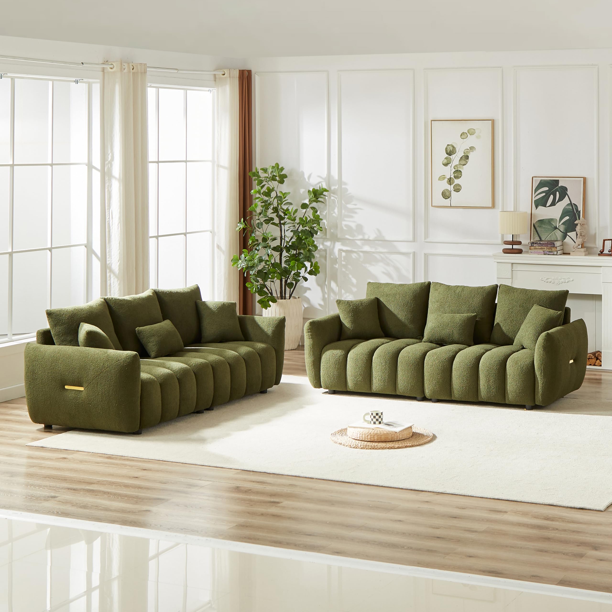 Wrofly 82" Teddy Cloud Sofa Couch, Comfy Upholstered Sherpa Deep Seat Boucle Sofa, Cozy Modern 3 Seater Couch with 3 Pillows, Oversized Loveseat for Living Room Apartment Office, Olive Green