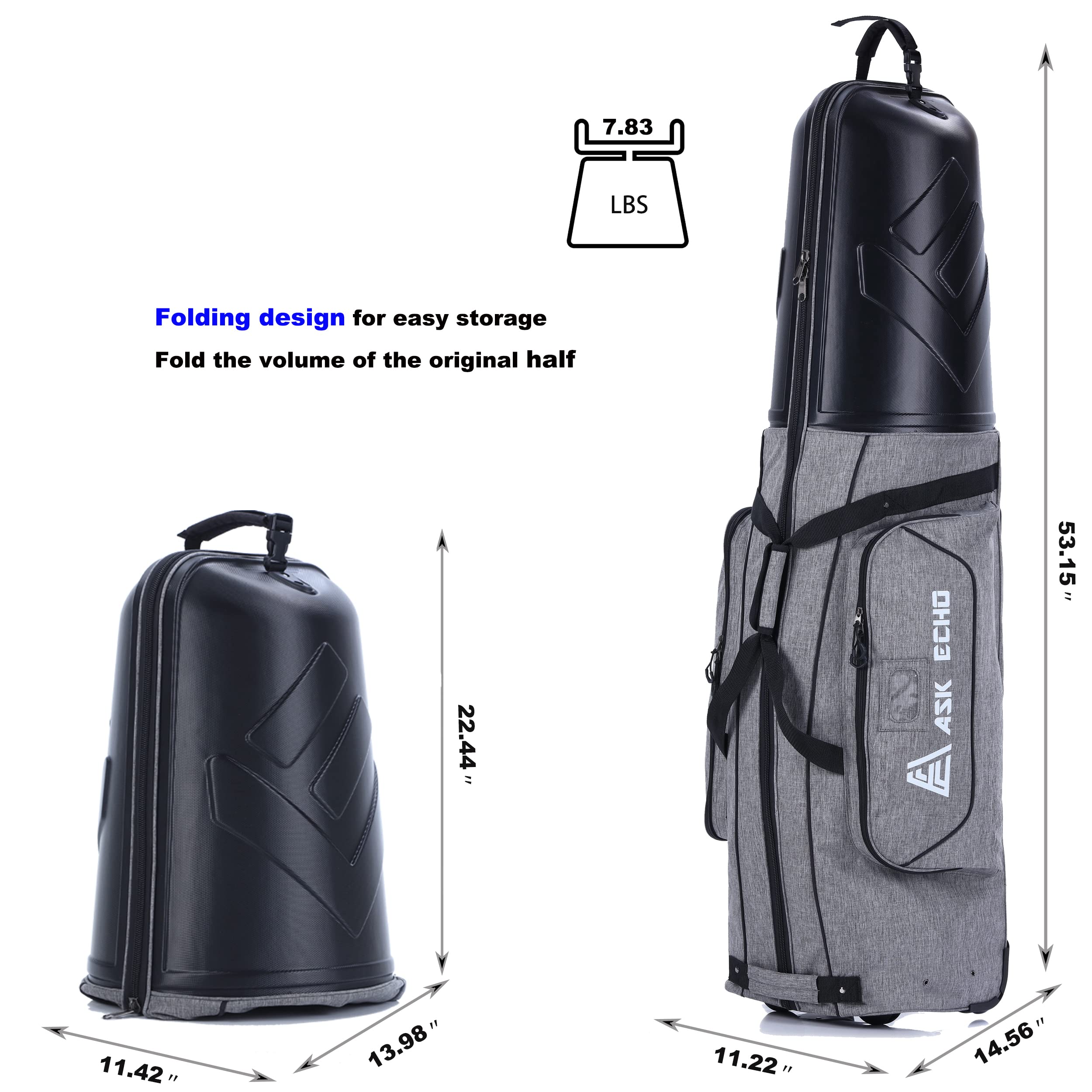ASK ECHO Golf Travel Cover for Golf Bag with ABS Hard Top, Protect Travel Bag, with Wheels (Grey)