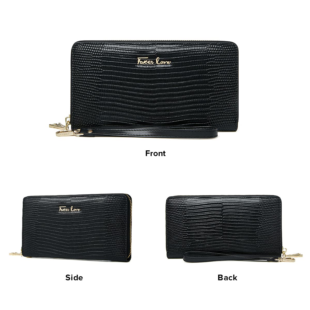 Leather Wallets for Women, Split Cowhide Crocodile Skin Pattern Gift Box Packaging Ladies Fashion Clutch Purses with Wristlet Womens Zipper Long Wallets Women's Credit Card Holders (Black)