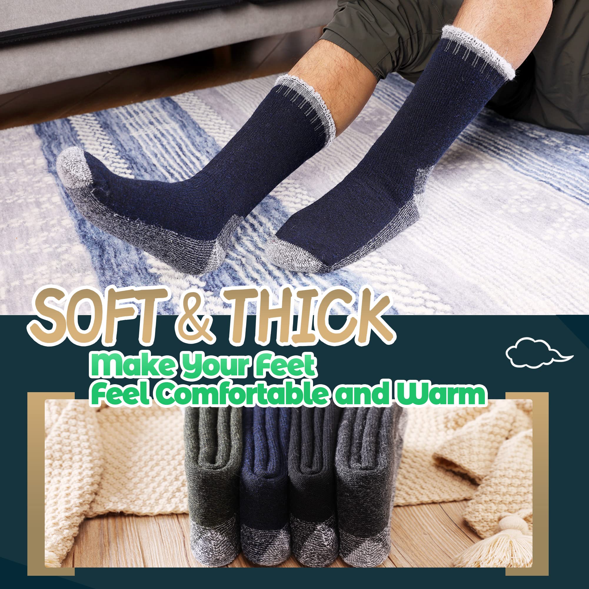 AMENLAN Men Merino Wool Socks Soft Cozy Warm Thermal Thick Hiking Heavy Work boot Winter Crew Socks 5 Pack (4 Pairs Color)