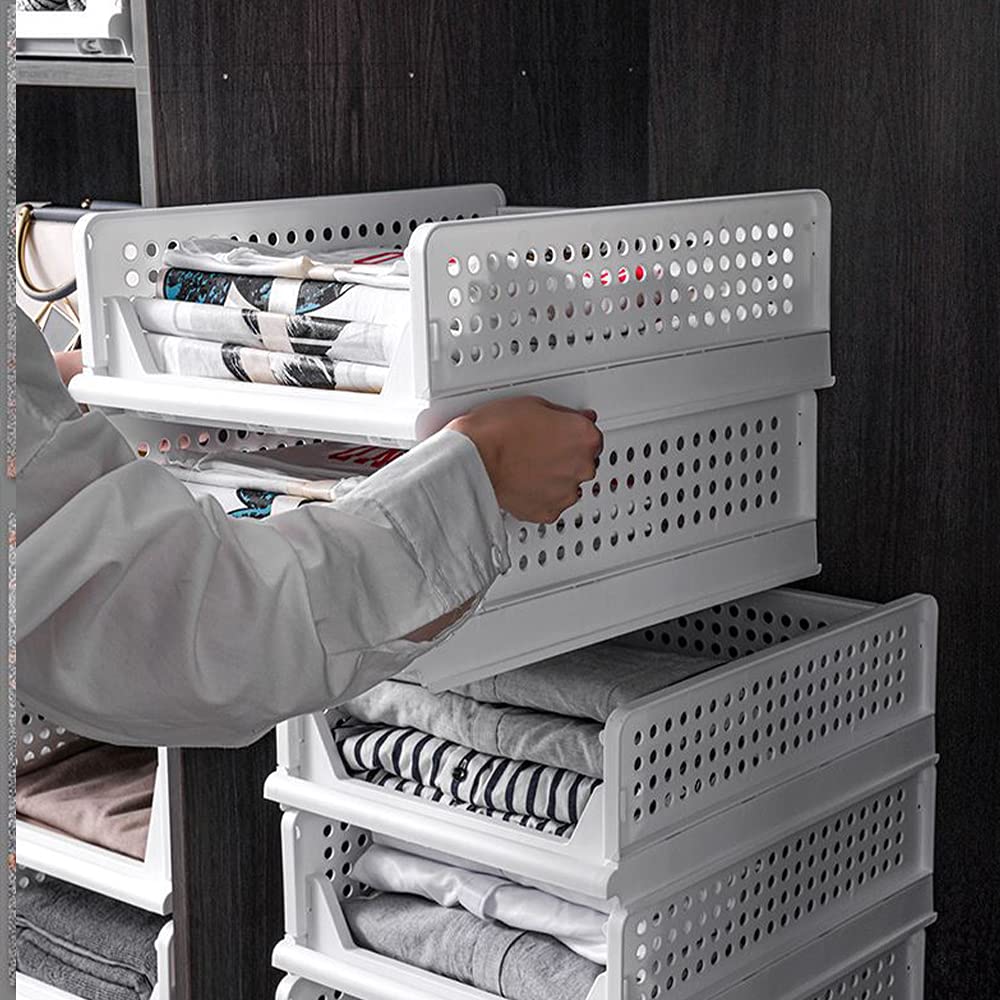 Folding and Stackable Storage Shelf | Foldable Drawer Organizer | Closet Wardrobe Organizer, Set of 4, White