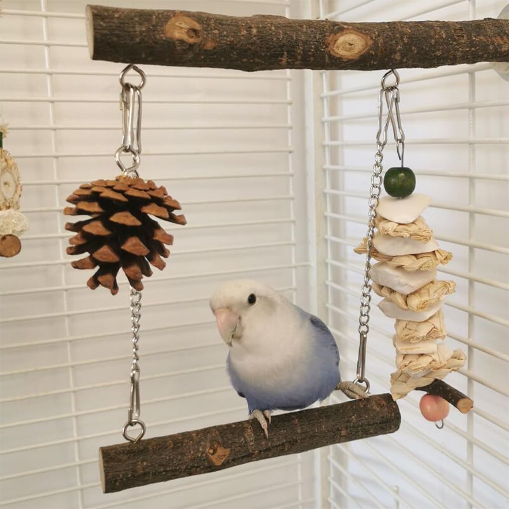 Bird Swing, Natural Wooden Parrot Cage Toys Bird Perch Stand for Parakeets Cockatoos Conures Lovebirds Bird Cage Accessories