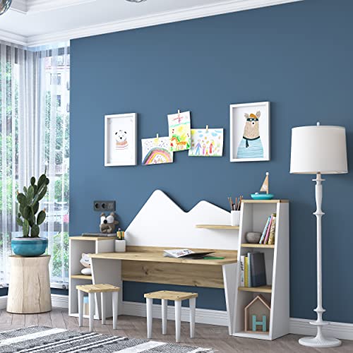 LAWA FURNITURE Kid's Study Desk with Bookshelf + 2 Stools for Ages 3-8, Wooden Children Activity Table with Hutch and Shelves, Kids Bedroom Study Desk with Storage