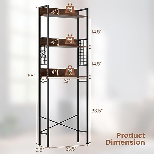 Giantex Over-The-Toilet Storage Shelf, 3-Tier Bathroom Space Saver with 3 Hooks, Industrial Tower Rack for Restroom, Kitchen, Freestanding Bathroom Organizer (Rustic Brown)