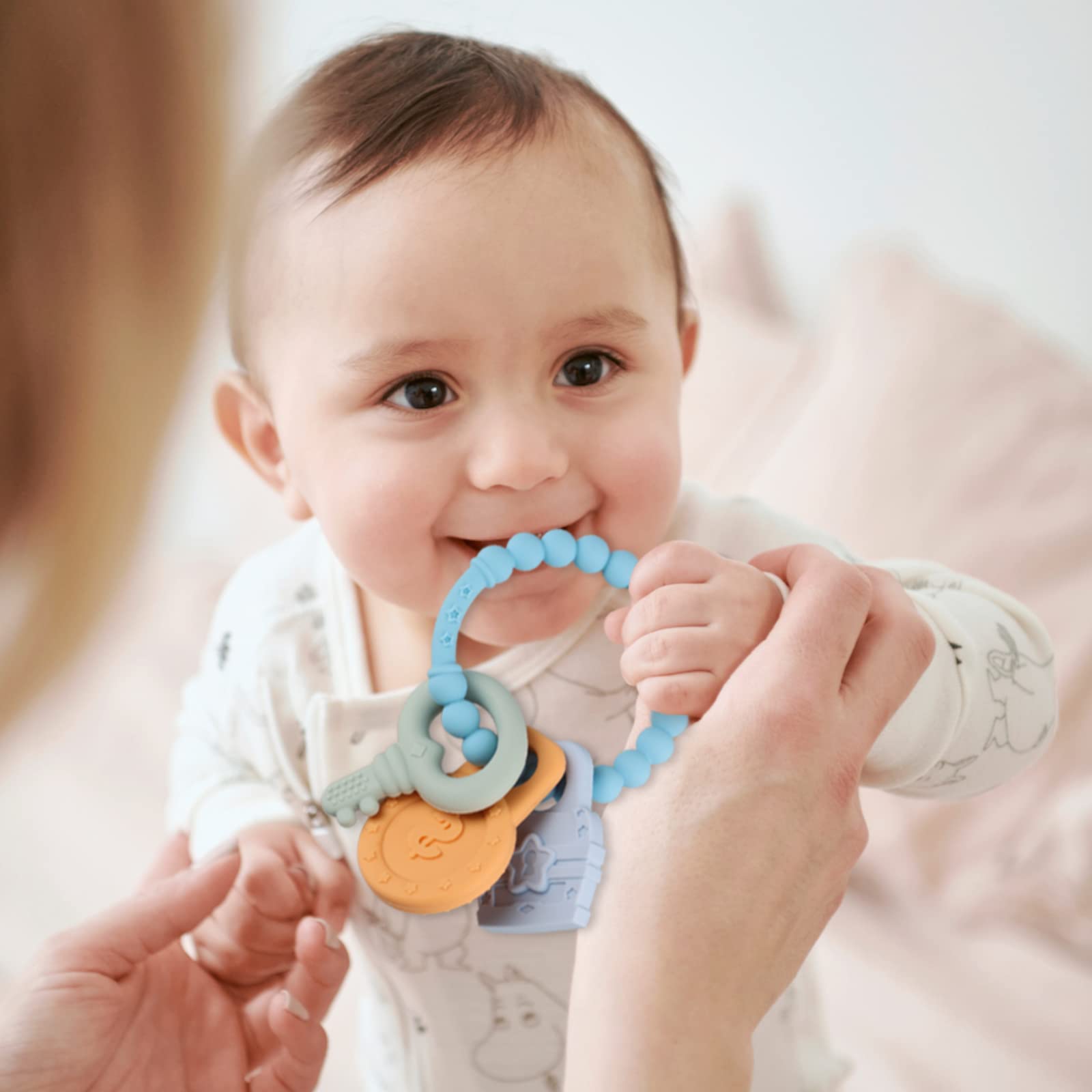 Baby Teething Toys, Silicone Chewable Teethers with Wooden Ring for Soothing Babies Gums, Shower Gift for lnfants & Toddlers, 3+ Months (Ring-Key 1)