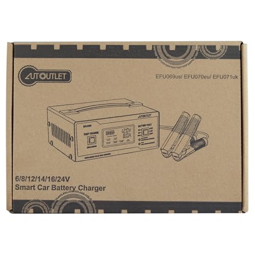 AUTOUTLET 6/8/12/14/16/24V Battery Charger Automotive Smart Car Battery Charger and Trickle Maintainer 0-10A Fully Automatic with Cable Clamps