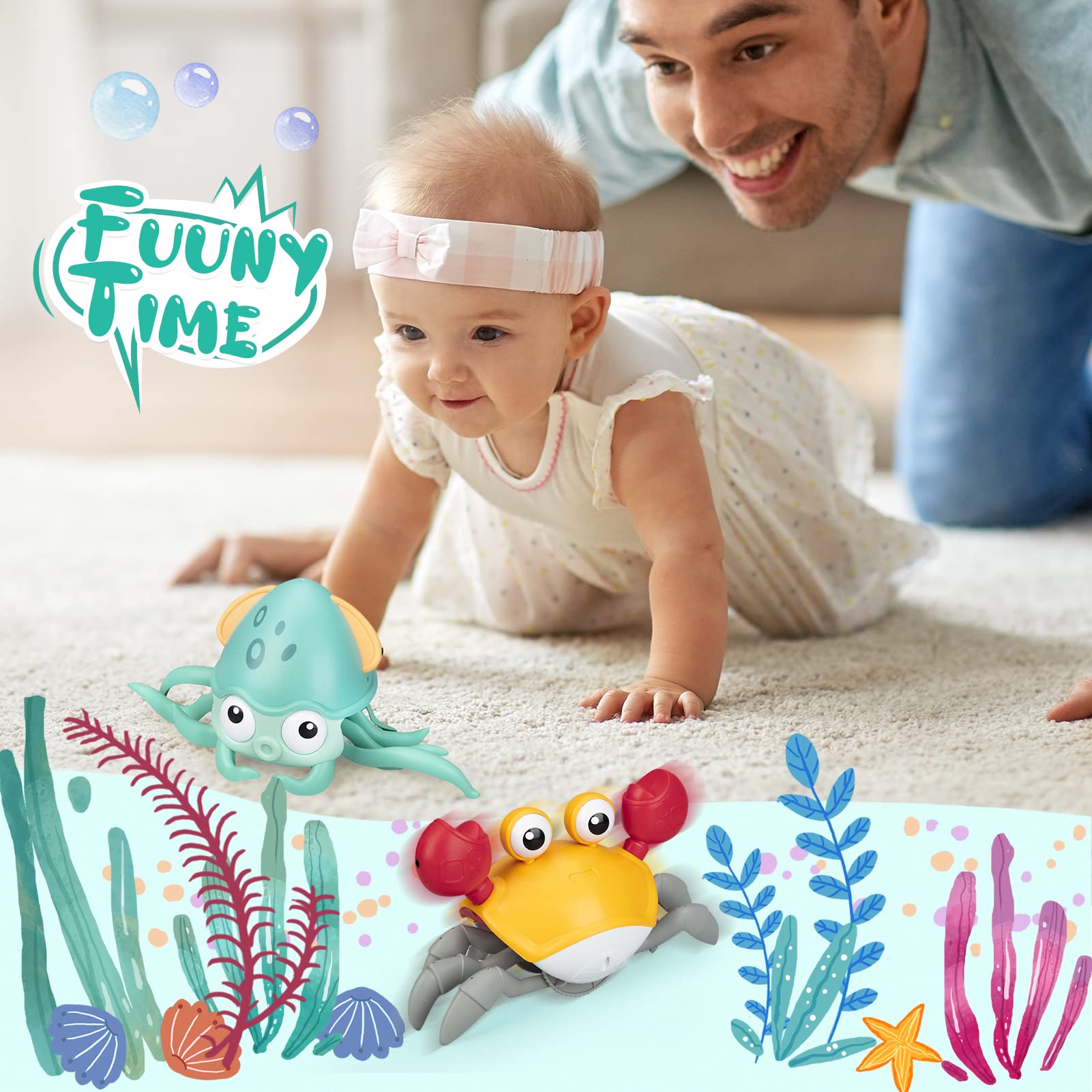 Baby Toys Crawling Crab and Octopus, Toddler Crawling Toys Automatically Avoid Obstacles, LED Light and Music Guide Baby to Crawl, Infant Toys Interactive Learning Development for Newborn Boys Girls