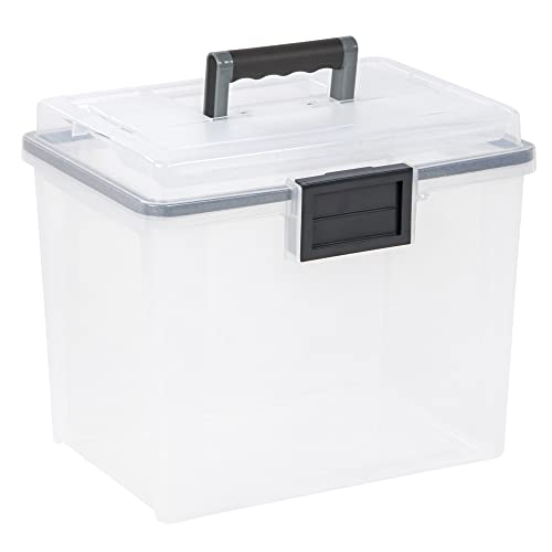 IRIS USA 19 Quart WEATHERPRO Plastic Office Storage Portable Letter Size File Box with Organizer-Lid and Seal and Secure Latching Buckles, Weathertight, Clear with Black Buckle, 1 Pack