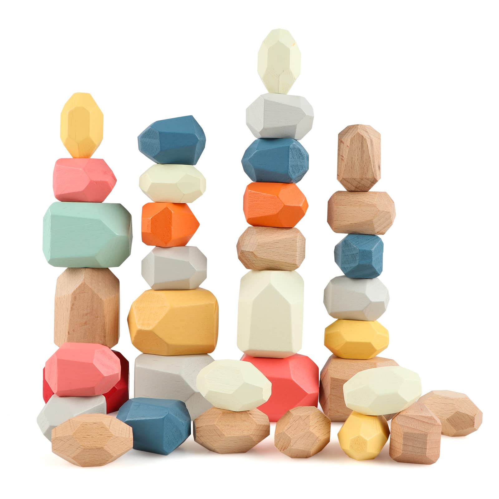 FOPNETS 36 PCs Wooden Sorting Stacking Balancing Stone Rocks Educational Preschool Learning Toys Colorful Large Building Blocks Game Lightweight Wood Stones Set for Kids 3 Years Old