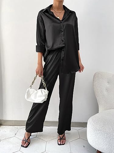Ekouaer Lounge Set Women's Silk Sleepwear Satin Long Sleeve Pajamas Cool Pjs Set with Pants Black L