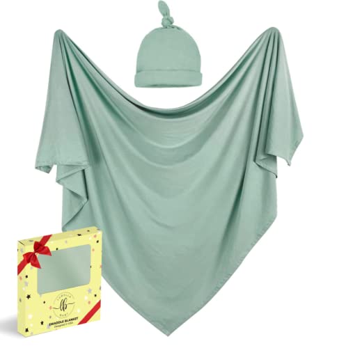 LUBELLA SUPPLY COMPANY Stretchy Swaddle Blankets for Baby Boy & Girl - Newborn Swaddles 0-3 Month - Large 47" Bamboo Swaddle Blankets and Hat Set (Sage Green)
