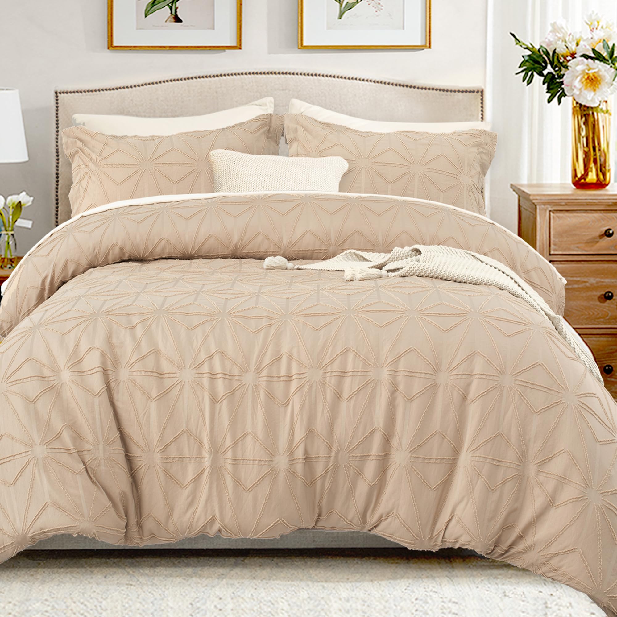 LONG CREATE Khaki Duvet Cover Twin Size - Tufted Duvet Cover Set Washed Microfiber, Boho Jacquard Pattern Comforter Cover with Zipper, Soft 2PCS Bedding Set (1 Duvet Cover 68x90, 1 Pillowcase)