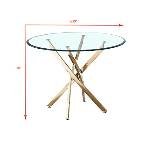 Henf Modern Glass Round Top Dining Table with Gold Metal Legs, Contemporary Circle Tempered Glass Dining Table with Stainless Steel Base for Home Office Kitchen Dining Room (Table Only)