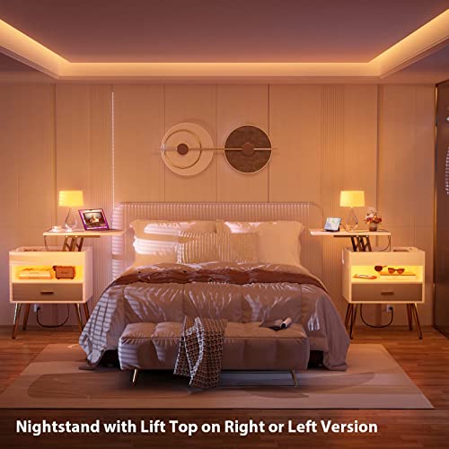 Cyclysio 35 Inches Nightstand with Reversible Lift Top, Large Night Stand with LED Lights, Tall Bedside Table with Charging Station, High End Side Table for Bedroom, Sofa Side, Living Room, White