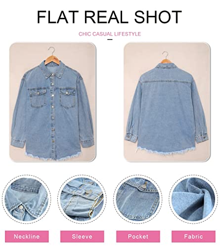 Dokotoo Women's Washed Boyfriend Oversized Lapel Button Up Long Sleeve Denim Trucker Jacket Distressed Ripped Denim Jackets Fashion Distressed Jean Jacket for Women with Pockets, (US 8-10) M,Sky Blue