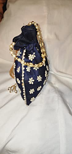 Art Silk Potli Bag This Hand Embroidered Stylish Piece with Pearls all around and beads work pearl handle. (Blue)
