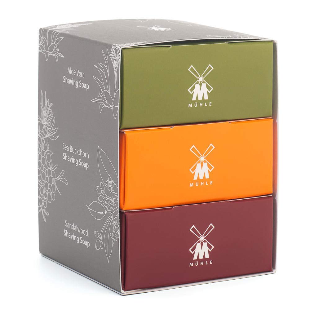 MÜHLE SHAVE CARE Shaving Soap Trio - Aloe Vera, Sea Buckthorn, & Sandalwood Luxury Shaving Soaps for Men, Rich Lather, Lightly Scented, 75g