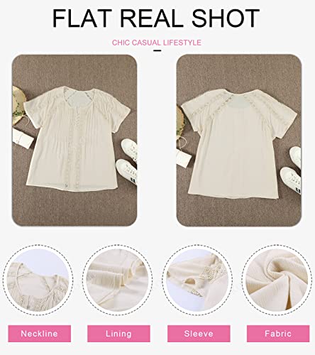 Dokotoo Womens Ladies 2023 Summer Sexy Lace V Neck Eyelet Short Sleeve Boho Shirts Spring Casual Loose Solid Chiffon Blouses for Women Tops Apricot 1X Large