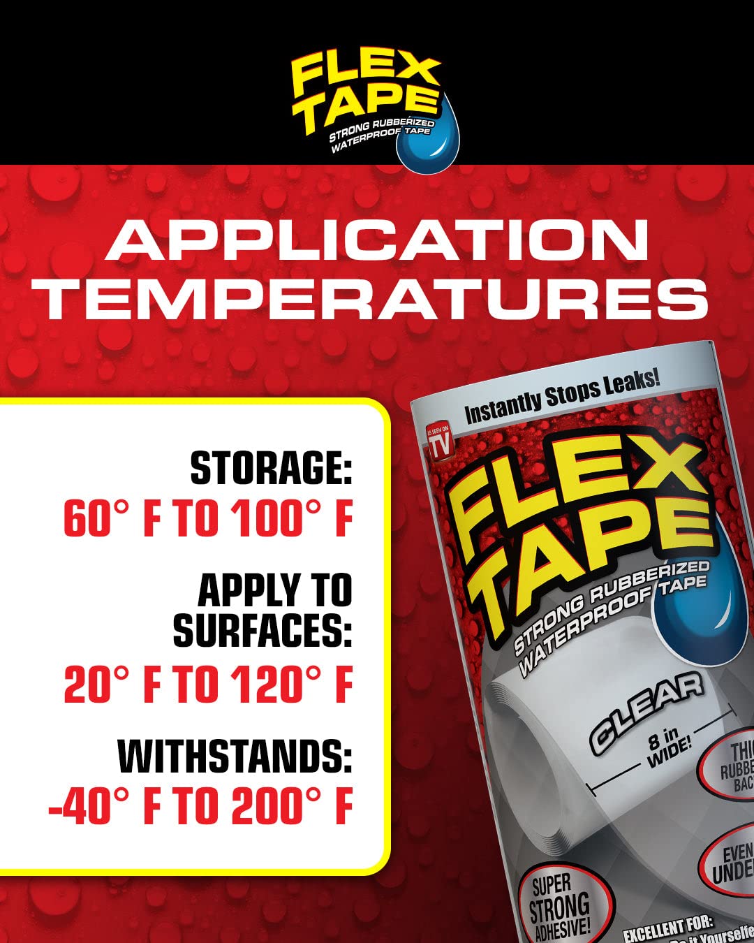 Flex Tape, MAX, 8 in x 25 ft, White, Original Thick Flexible Rubberized Waterproof Tape - Seal and Patch Leaks, Works Underwater, Indoor Outdoor Projects - Home RV Roof Plumbing and Pool Repairs